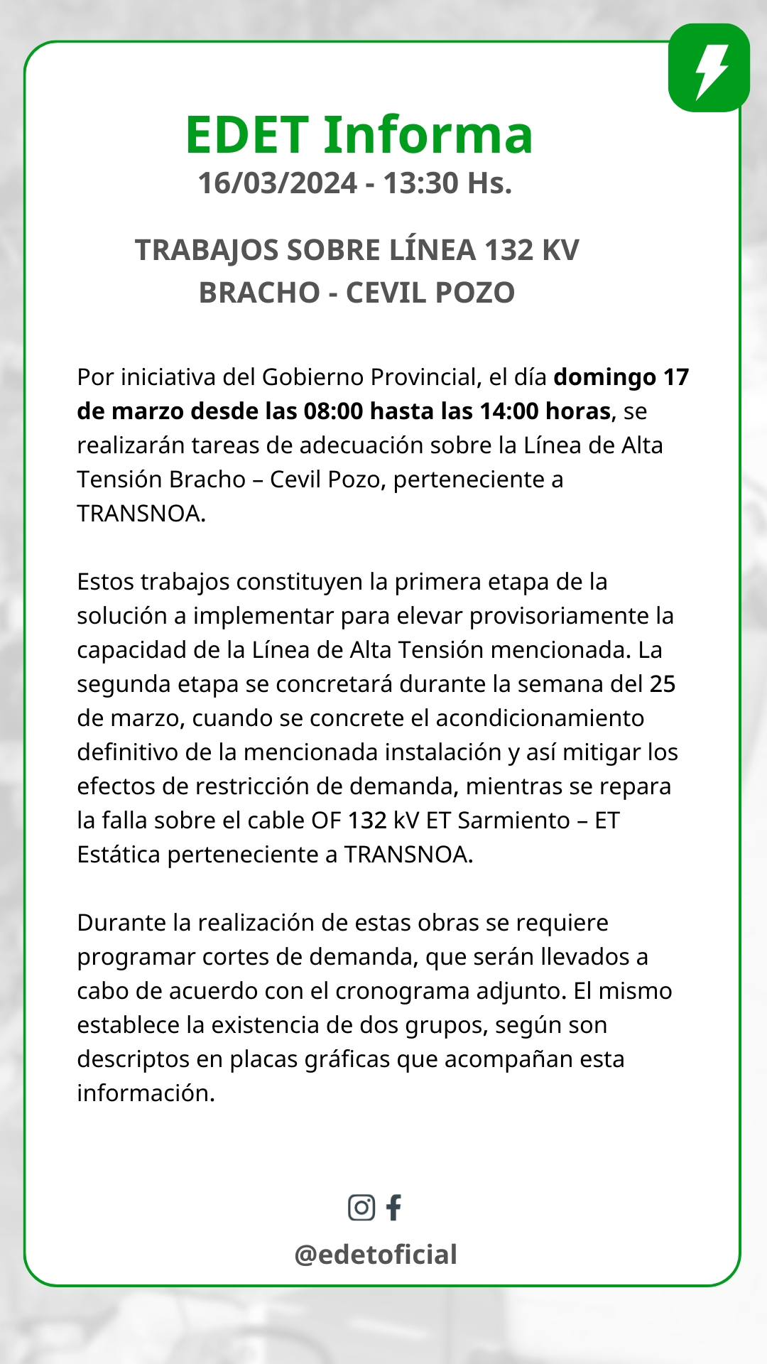 ¿Y si este domingo te toca a vos? EDET suma nuevos cortes de luz para ...